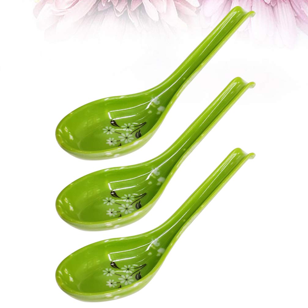 Hemoton Soup Spoons, 3pcs Japanese Style Melamine Spoons Rice Spoons with Hook, Chinese Asian Soup Spoons With Long Handle for Restaurants, Food shops, Catering Halls (Green)