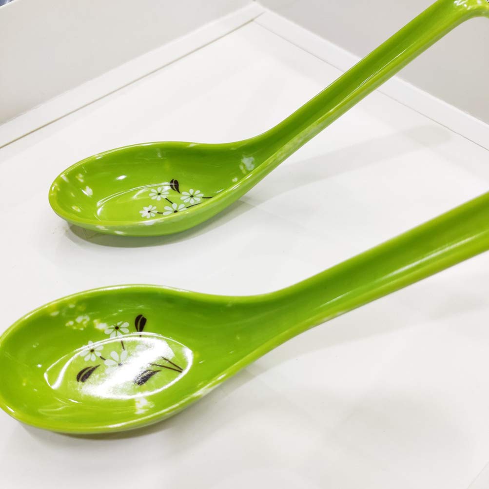 Hemoton Soup Spoons, 3pcs Japanese Style Melamine Spoons Rice Spoons with Hook, Chinese Asian Soup Spoons With Long Handle for Restaurants, Food shops, Catering Halls (Green)