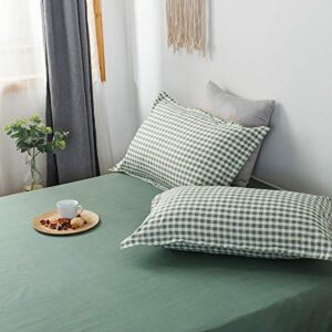 Kimko Green Plaid Bedding Set Checkered Duvet Cover Set for Adults,Soft,Comfortable and Breathable【 4Pcs -1 Duvet Cover Set + 1 Flat Sheet + 2 Pillowcases】