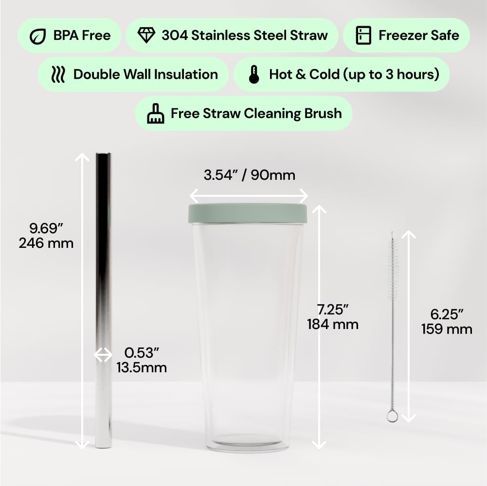 Dodoko Reusable Boba Cup and Straw Boba Tea Cup Bubble Tea Cup Reusable Iced Coffee Cup Cold Coffee Cup Smoothie Cup with Lid and Straw Smoothie Cup to go Smoothie Tumbler 17 oz - Sage Green