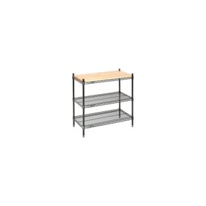 nexel wire display unit, 24" x 14" x 34", solid hardwood butcher block top, 3 tier black epoxy powder coat, adjustable shelves, 800lb per shelf capacity, leveling feet with glides