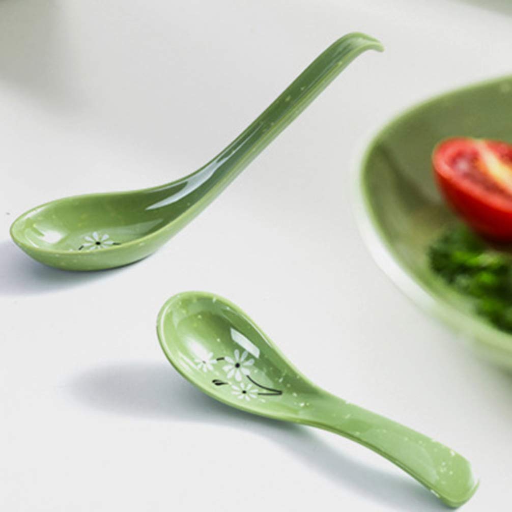 Hemoton Soup Spoons, 3pcs Japanese Style Melamine Spoons Rice Spoons with Hook, Chinese Asian Soup Spoons With Long Handle for Restaurants, Food shops, Catering Halls (Green)