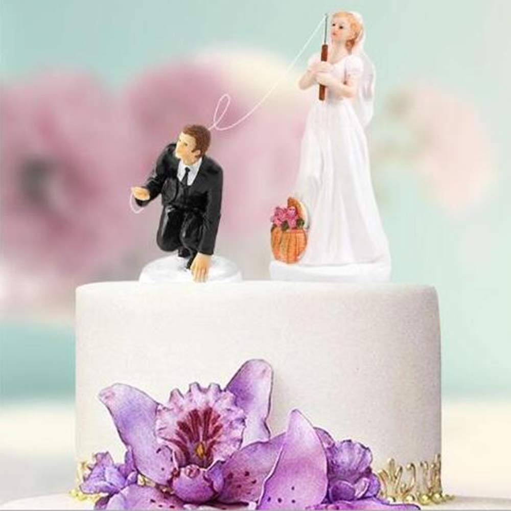 Cake On Fishing Bride Catching Groom Funny Wedding Cake Topper Decor- Bride And Groom Set