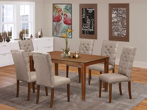 East West Furniture CAEL7-MAH-16 7 Piece Dining Room Table Set Consist of a Rectangle Wooden Table and 6 Dark Khaki Linen Fabric Upholstered Parson Chairs, 36x60 Inch, Mahogany