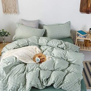 Kimko Green Plaid Bedding Set Checkered Duvet Cover Set for Adults,Soft,Comfortable and Breathable【 4Pcs -1 Duvet Cover Set + 1 Flat Sheet + 2 Pillowcases】