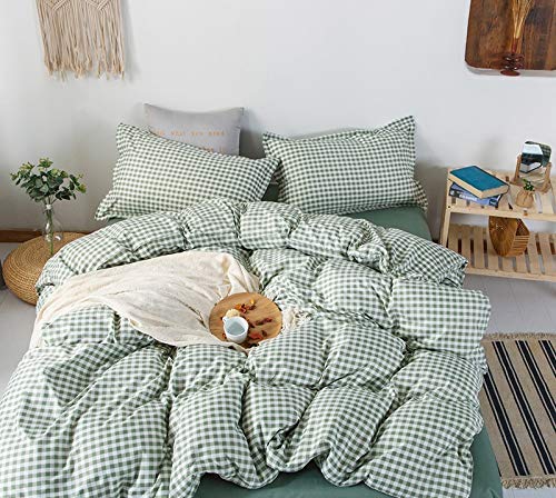 Kimko Green Plaid Bedding Set Checkered Duvet Cover Set for Adults,Soft,Comfortable and Breathable【 4Pcs -1 Duvet Cover Set + 1 Flat Sheet + 2 Pillowcases】