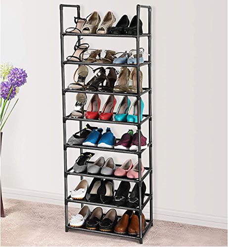 UrMsun 8 Tiers Shoe Rack 16-20 Pairs Sturdy Shoe Shelf Non-Woven Fabric Shoe Tower Organizer Cabinet Black Tall Narrow Shoe Rack