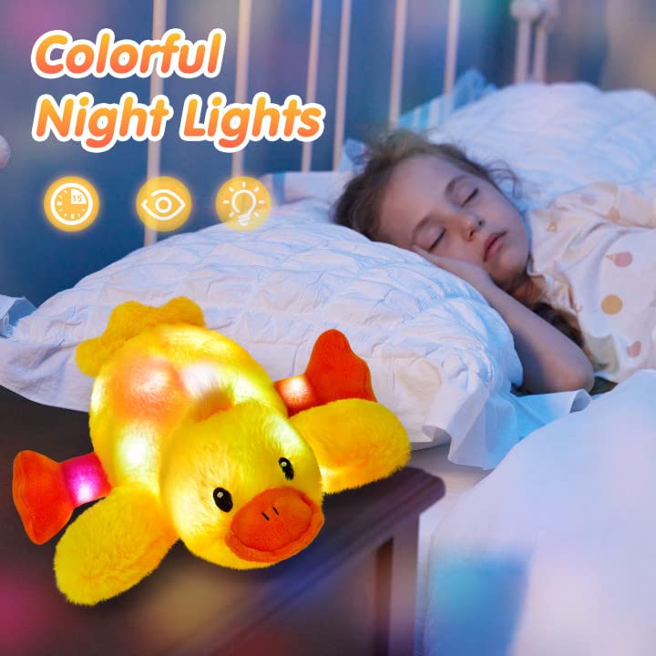 Glow Guards 12'' Musical Light Up Yellow Duck Stuffed Animal LED Glowing Singing Soft Plush Toy Pillow Night Lullaby Holiday Birthday Children's Day Gifts for Toddler Kids