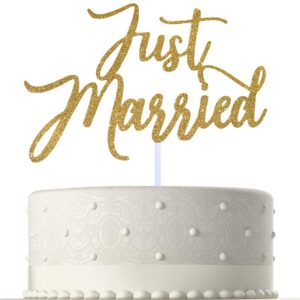 just married cake topper - little backyard wedding & bridal shower/engagement party decoration, gold glitter paper