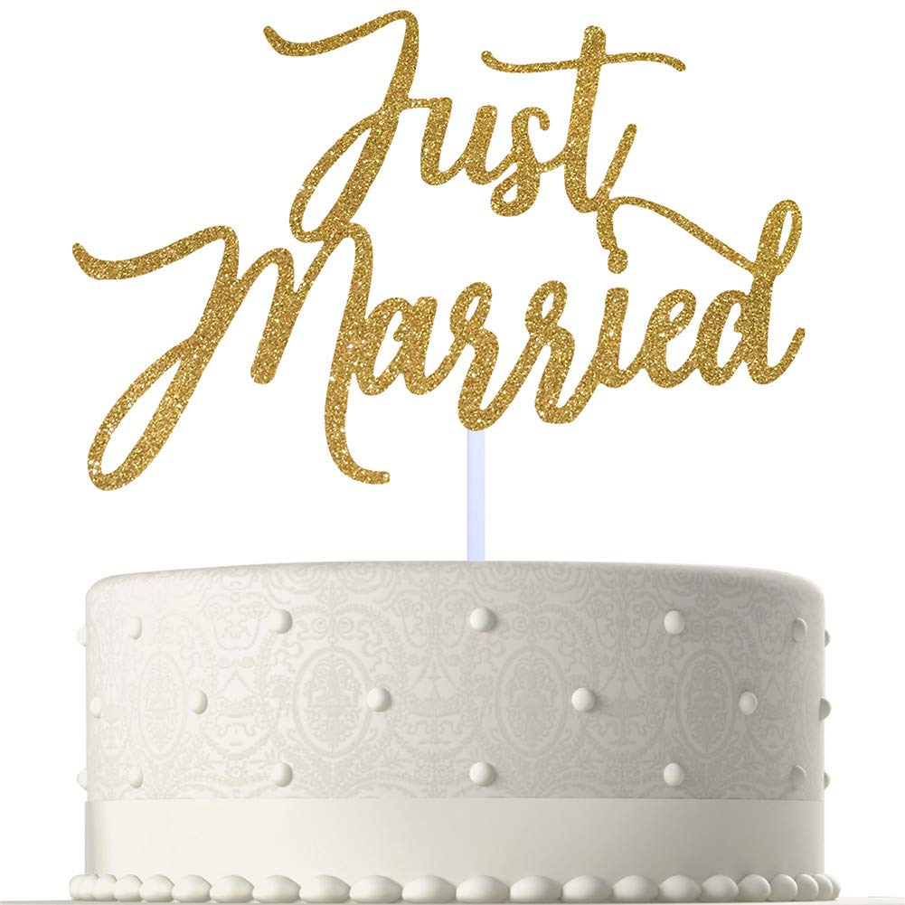 Just Married Cake Topper - Little Backyard Wedding & Bridal Shower/Engagement Party Decoration, Gold Glitter Paper