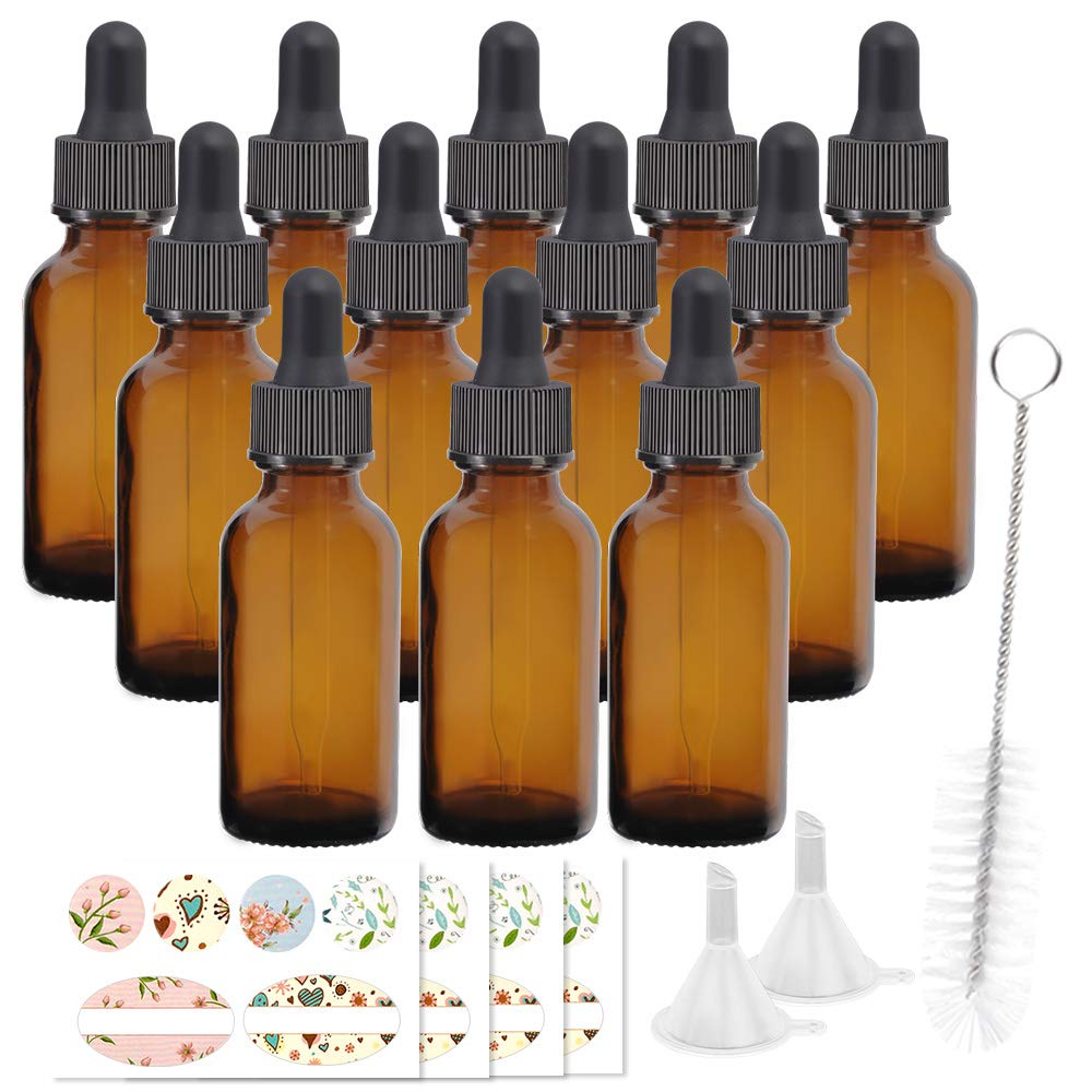 12 Pack 60 ml 2 oz Blue Glass Boston Bottles with Glass Droppers and Black Caps.Glass Dropper Bottles for Essential Oils,Lab Chemicals,Colognes,Perfumes.Included 1 Brush,2 Funnels and 24 Labels.