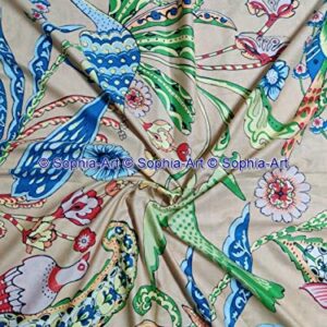 Indian Hand-Block Printed Jaipuri Peacock Bird Print Ethnic Sanganer Kurti Print Cotton Dressmaking Sewing Gypsy Quilting Beautiful Hand Voile Craft Fabric by The Yard (Beige, 5 Yards)