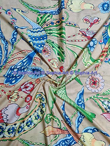 Indian Hand-Block Printed Jaipuri Peacock Bird Print Ethnic Sanganer Kurti Print Cotton Dressmaking Sewing Gypsy Quilting Beautiful Hand Voile Craft Fabric by The Yard (Beige, 5 Yards)