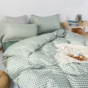 Kimko Green Plaid Bedding Set Checkered Duvet Cover Set for Adults,Soft,Comfortable and Breathable【 4Pcs -1 Duvet Cover Set + 1 Flat Sheet + 2 Pillowcases】