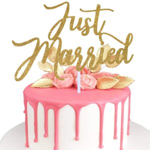 Just Married Cake Topper - Little Backyard Wedding & Bridal Shower/Engagement Party Decoration, Gold Glitter Paper