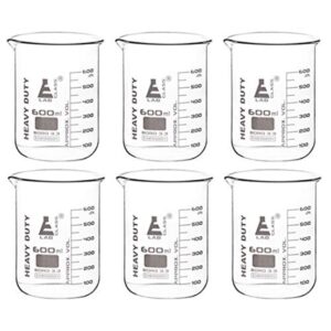 eisco 6pk heavy duty beakers, 600ml - 5mm thick, uniform walls - superior durability & chemical resistance - white graduations - borosilicate 3.3 glass