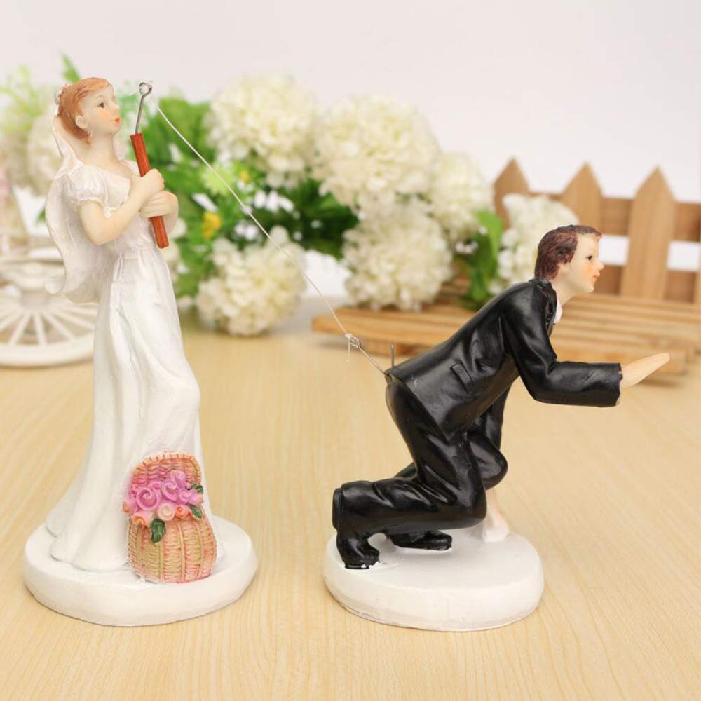 Cake On Fishing Bride Catching Groom Funny Wedding Cake Topper Decor- Bride And Groom Set