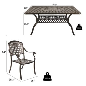 TITIMO 7-Piece Outdoor Furniture Dining Set, All-Weather Cast Aluminum Conversation Set Includes 1 Rectangular Table and 6 Chairs with Khaki Cushions and Umbrella Hole for Patio Garden Deck