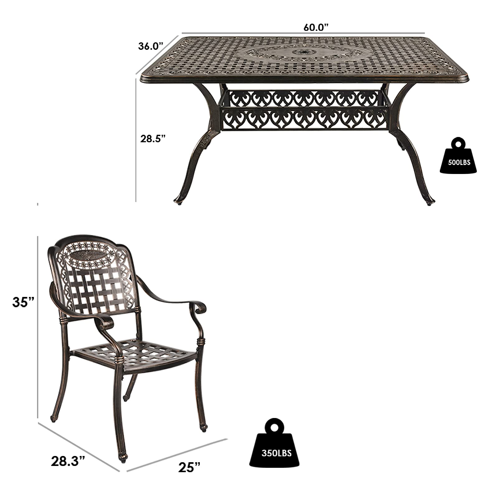 TITIMO 7-Piece Outdoor Furniture Dining Set, All-Weather Cast Aluminum Conversation Set Includes 1 Rectangular Table and 6 Chairs with Khaki Cushions and Umbrella Hole for Patio Garden Deck