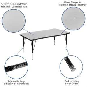 Flash Furniture Wren 28"W x 47.5"L Rectangular Wave Flexible Collaborative Grey Thermal Laminate Activity Table - Height Adjustable Short Legs