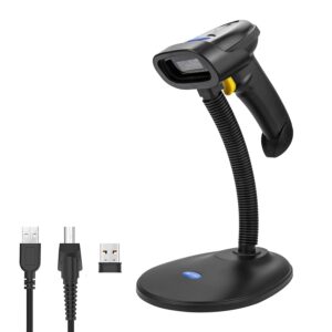 netum nt-1228bl 2d barcode scanner with stand, compatible with 2.4g wireless & bluetooth & usb wired connection, connect smart phone, tablet, pc, 1d bar code reader work for qr pdf417 data matrix