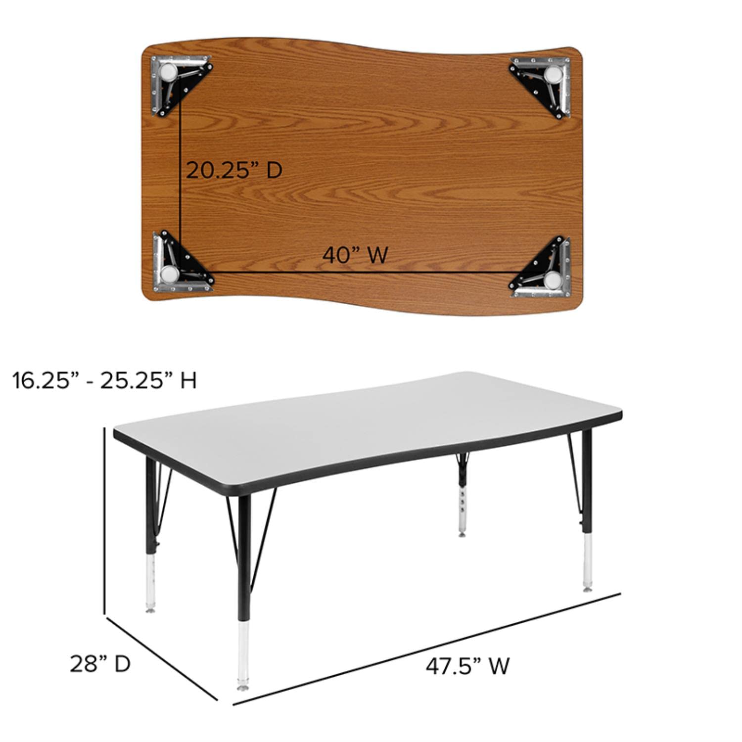 Flash Furniture Wren 28"W x 47.5"L Rectangular Wave Flexible Collaborative Grey Thermal Laminate Activity Table - Height Adjustable Short Legs