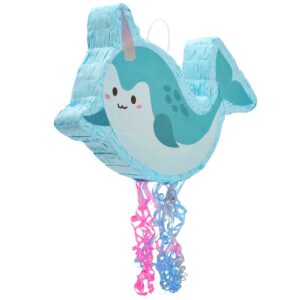 BLUE PANDA Pull String Narwhal Pinata for Birthday Party Supplies, Under the Sea Party Decorations, Baby Shower (Small, 16.5 x 12.3 x 3 In)