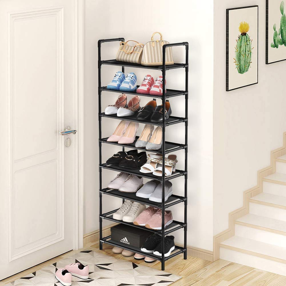 UrMsun 8 Tiers Shoe Rack 16-20 Pairs Sturdy Shoe Shelf Non-Woven Fabric Shoe Tower Organizer Cabinet Black Tall Narrow Shoe Rack