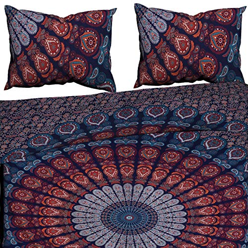 SHIRANYA 100% Cotton Maroon Mandala Duvet Cover Set Queen 3 Piece Indian Ethnic Reversible Bohemian Floral Design Bedspread Blanket (1 Duvet Cover+2 Pillowcases, Size-88x82 inch)