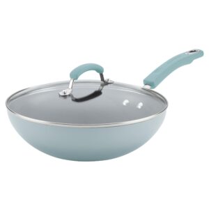 rachael ray classic nonstick stir fry pan with glass lid, 11 inch - sky blue