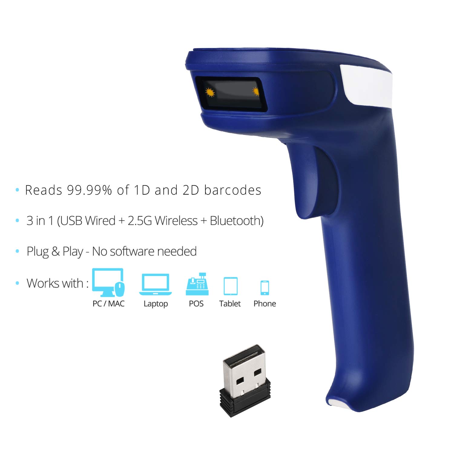 ScanAvenger 1D and 2D Portable Wireless Bluetooth Barcode Scanner: 3-in-1 - Cordless, Rechargeable Scan Gun for Inventory Management - Wireless, Handheld, USB Bar Code/QR Code Reader - Hand Scanner