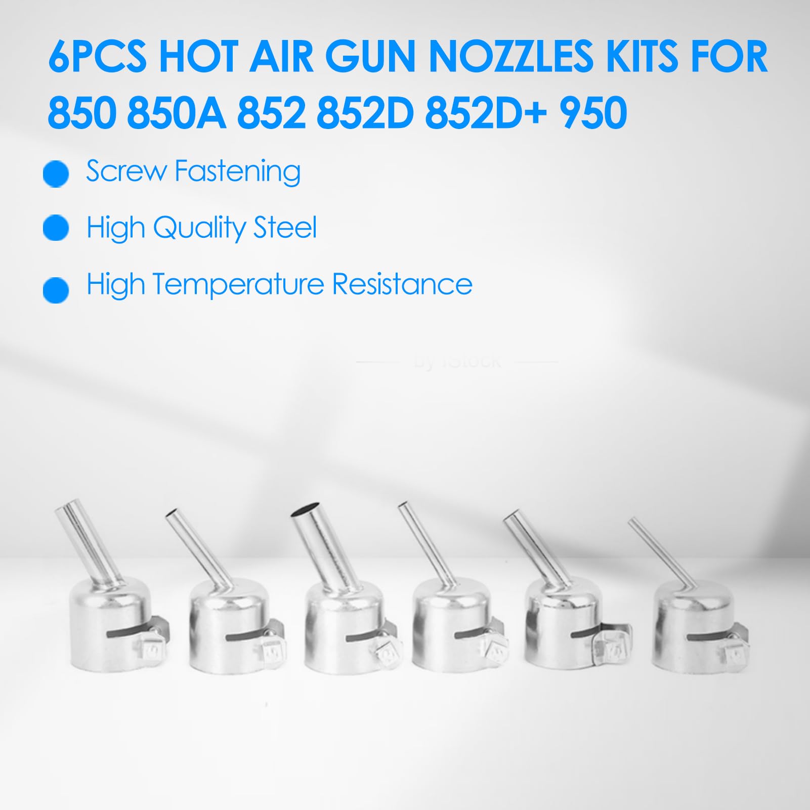 6PCs Hot Air Gun Nozzles Kits Short Oblique Nozzle Round Aluminum Alloy Material 861DW Hot Air Gun Soldering Desoldering Station Repair Tools for 850 850A 852 852D 852D+ 950