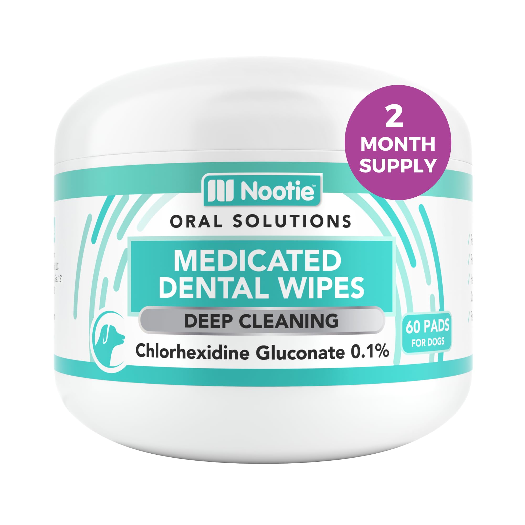 Nootie Medicated Dental Wipes for Dogs, Cleans Teeth and Freshens Breath for Dogs - Prevents Plaque and Tartar Dog Oral Care, 60 Count