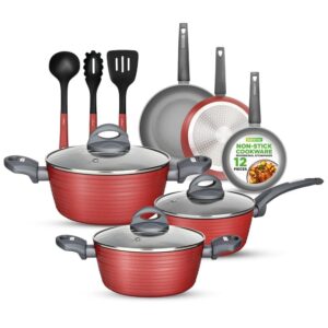 nutrichef professional 12-piece red nonstick cookware - pfoa/pfos-free, heat resistant lacquer, elegant design, multi-sized pots and pans