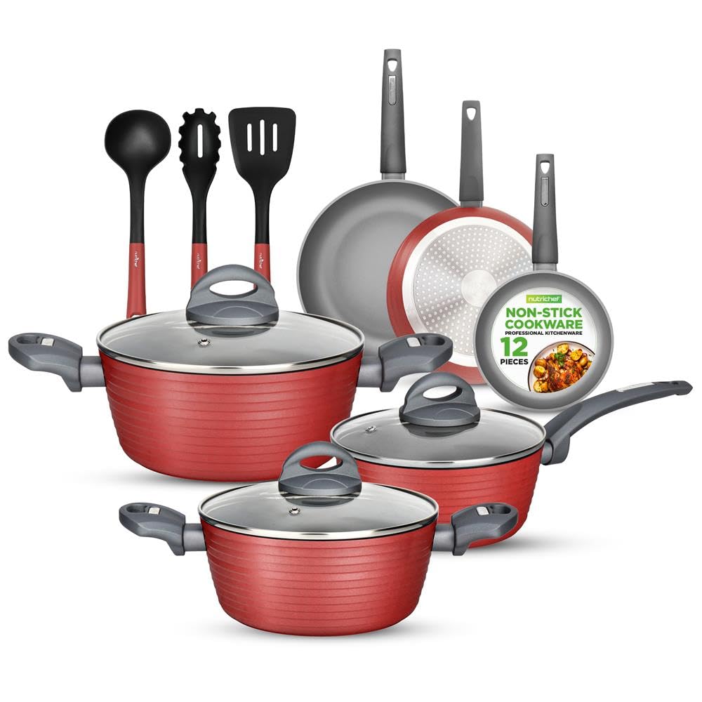 NutriChef Professional 12-Piece Red Nonstick Cookware - PFOA/PFOS-Free, Heat Resistant Lacquer, Elegant Design, Multi-Sized Pots and Pans