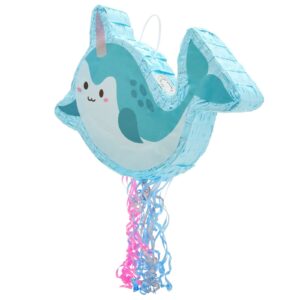 BLUE PANDA Pull String Narwhal Pinata for Birthday Party Supplies, Under the Sea Party Decorations, Baby Shower (Small, 16.5 x 12.3 x 3 In)