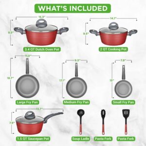 NutriChef Professional 12-Piece Red Nonstick Cookware - PFOA/PFOS-Free, Heat Resistant Lacquer, Elegant Design, Multi-Sized Pots and Pans