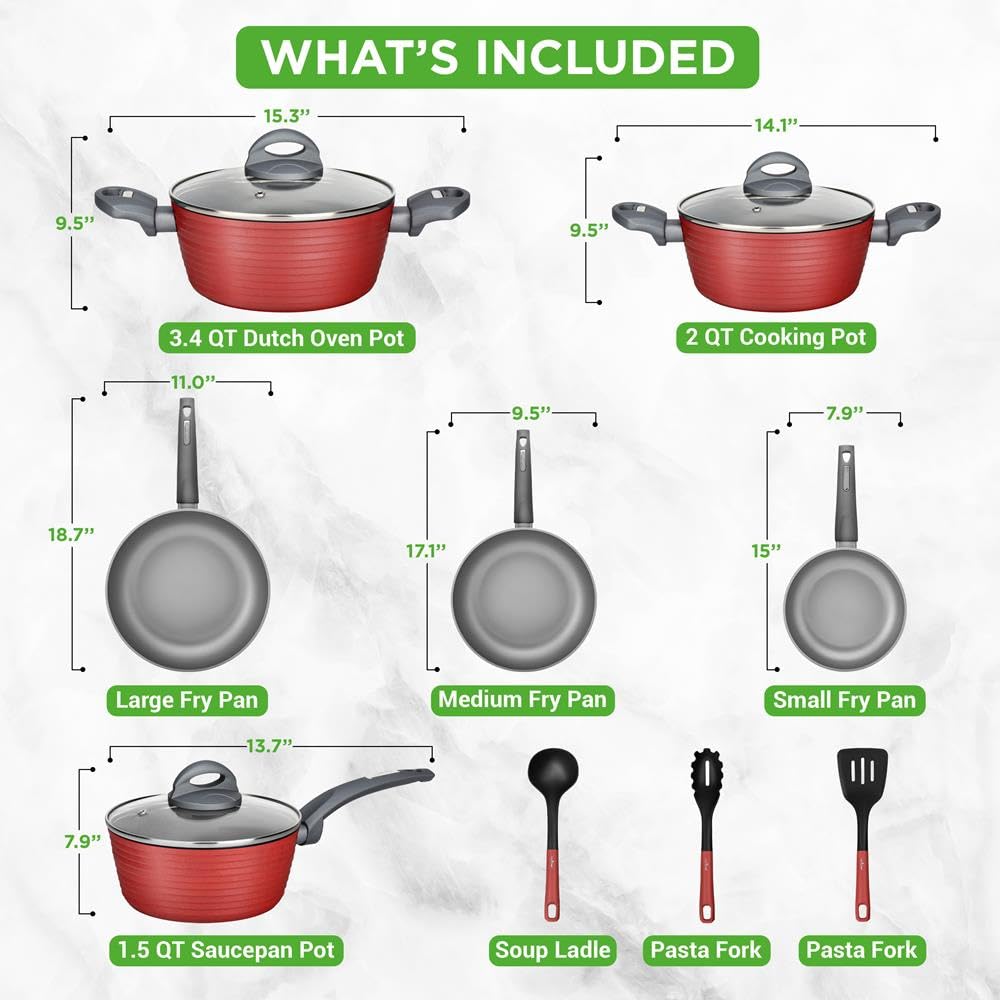 NutriChef Professional 12-Piece Red Nonstick Cookware - PFOA/PFOS-Free, Heat Resistant Lacquer, Elegant Design, Multi-Sized Pots and Pans