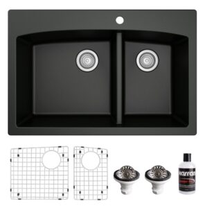 karran qt-711 drop-in quartz composite 33 in. 1-hole 60/40 double bowl kitchen sink kit in black