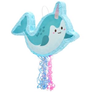 blue panda pull string narwhal pinata for birthday party supplies, under the sea party decorations, baby shower (small, 16.5 x 12.3 x 3 in)