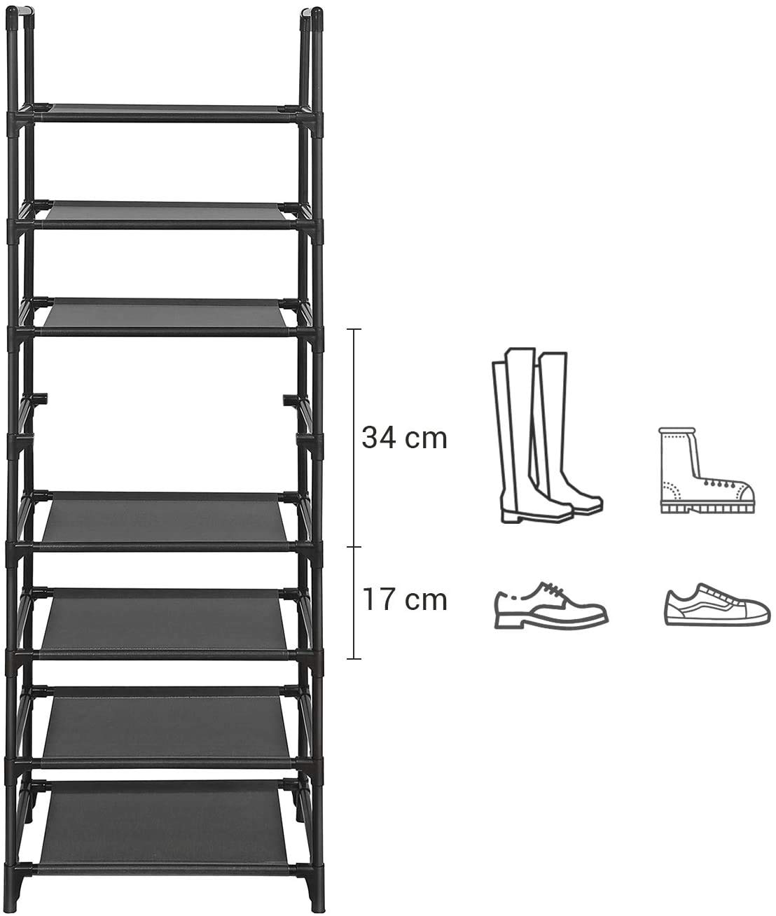 UrMsun 8 Tiers Shoe Rack 16-20 Pairs Sturdy Shoe Shelf Non-Woven Fabric Shoe Tower Organizer Cabinet Black Tall Narrow Shoe Rack