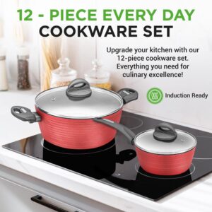 NutriChef Professional 12-Piece Red Nonstick Cookware - PFOA/PFOS-Free, Heat Resistant Lacquer, Elegant Design, Multi-Sized Pots and Pans