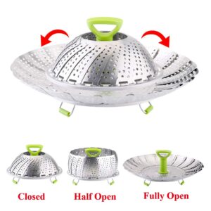 Vegetable Steamer Basket, Stainless Steel Folding Steamer Basket Insert for Veggie Fish Seafood Cooking, Expandable to Fit Various Size Pot (5.1" to 9" Triangle)