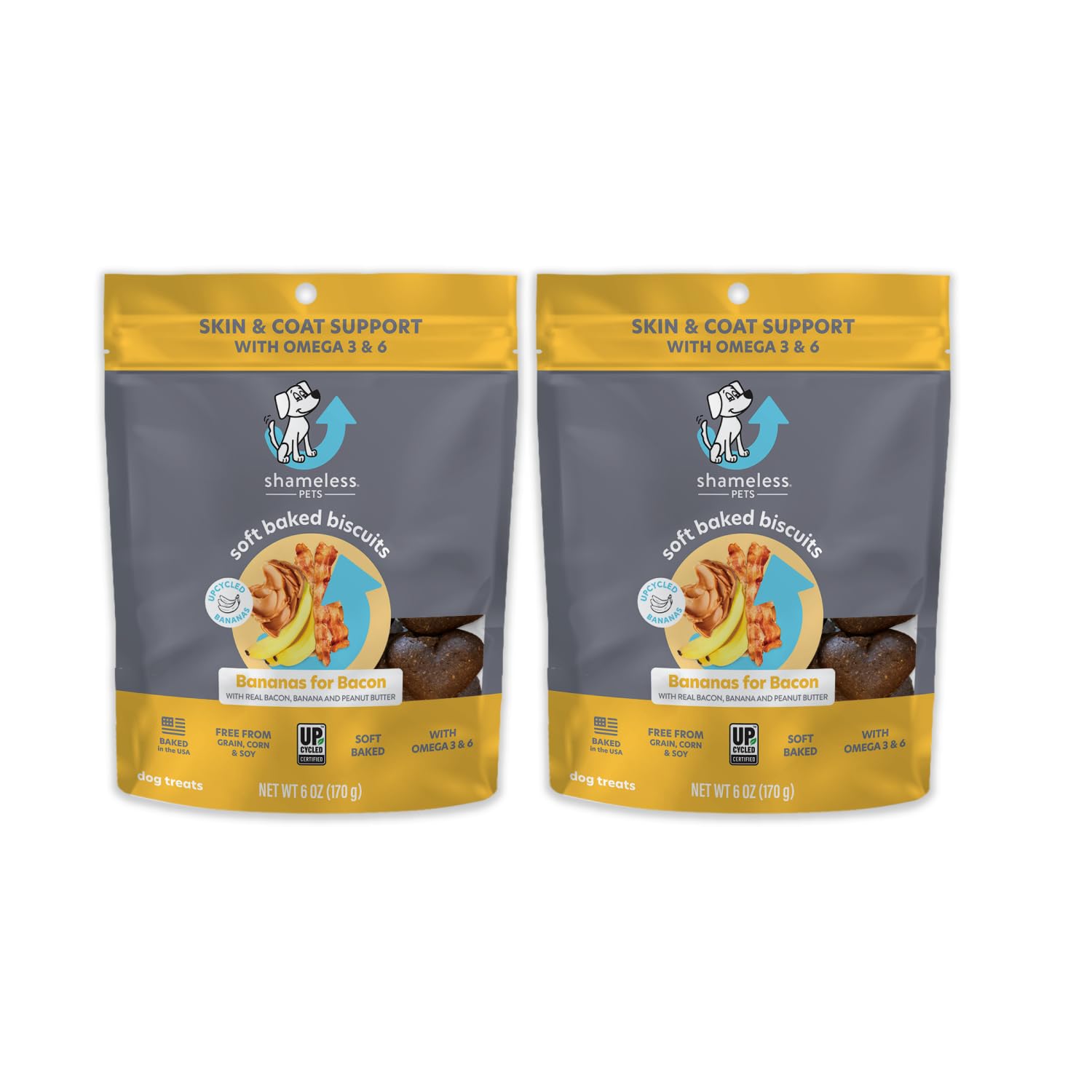 SHAMELESS PETS Soft Dog Treats - Natural, Healthy Dog Treats Made with Upcycled Ingredients & Zero Artificial Flavors, Grain Free Dog Biscuits, Supports Skin & Coat - Bananas for Bacon, Pack of 2