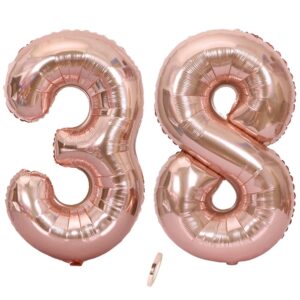 ceqiny 40 inch 38th number balloon mylar balloon giant balloon alphabet foil balloon for birthday party wedding bridal shower engagement photo shoot anniversary decoration, rose gold digit 38 balloon