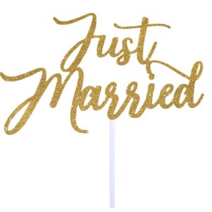 Just Married Cake Topper - Little Backyard Wedding & Bridal Shower/Engagement Party Decoration, Gold Glitter Paper