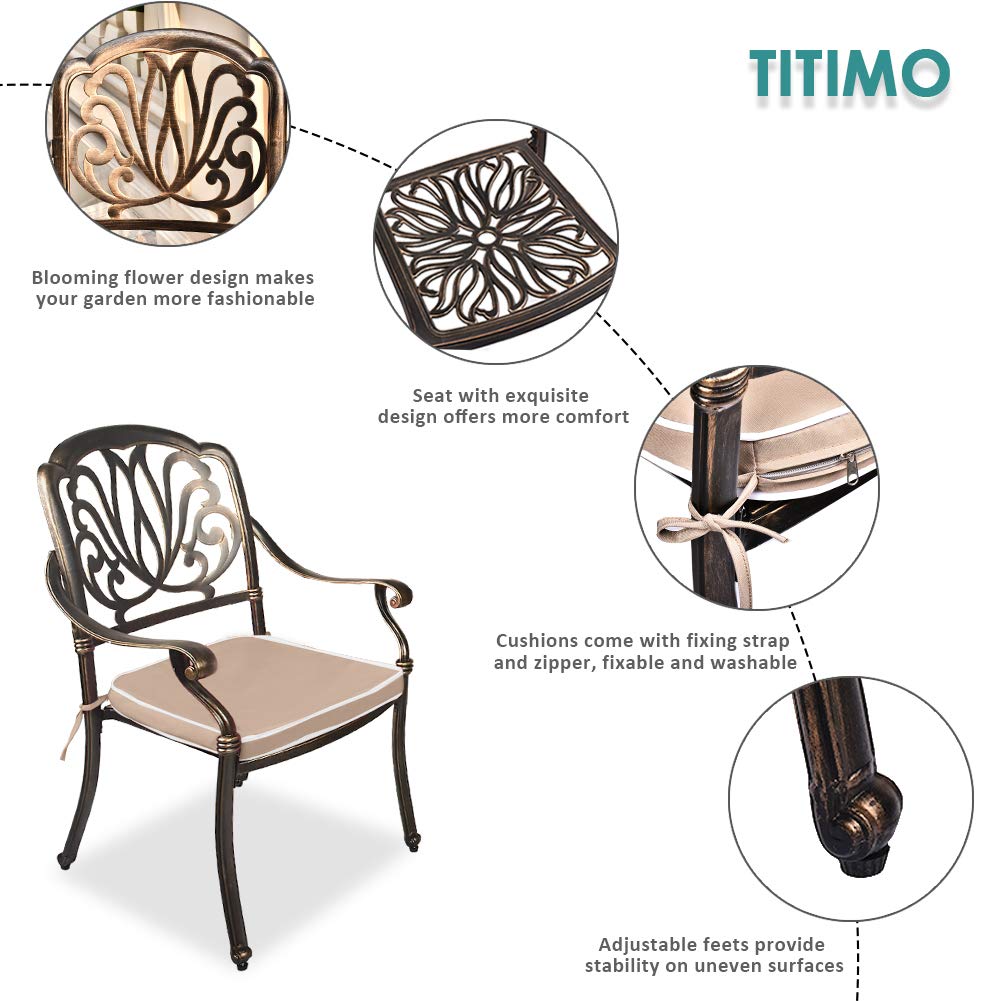 TITIMO 2 Piece Outdoor Patio Dining Chair Bistro Set Cast Aluminum Patio Furniture Dining Chairs with Khaki Cushions for Patio Furniture Garden Deck Antique Bronze (with Khaki Cushions) (Khaki)