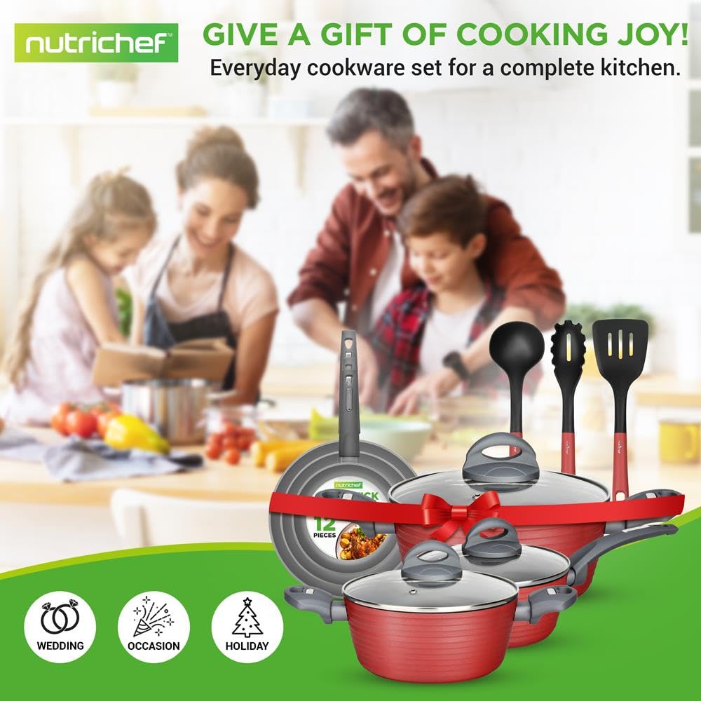 NutriChef Professional 12-Piece Red Nonstick Cookware - PFOA/PFOS-Free, Heat Resistant Lacquer, Elegant Design, Multi-Sized Pots and Pans