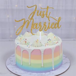 Just Married Cake Topper - Little Backyard Wedding & Bridal Shower/Engagement Party Decoration, Gold Glitter Paper