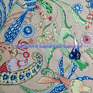 Indian Hand-Block Printed Jaipuri Peacock Bird Print Ethnic Sanganer Kurti Print Cotton Dressmaking Sewing Gypsy Quilting Beautiful Hand Voile Craft Fabric by The Yard (Beige, 5 Yards)